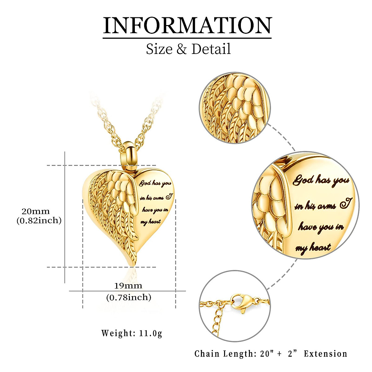 shajwo Cremation Jewelry Angel Wing Heart Urn Necklaces for Ashes Memorial Keepsake Pendant for Women Men,Gold