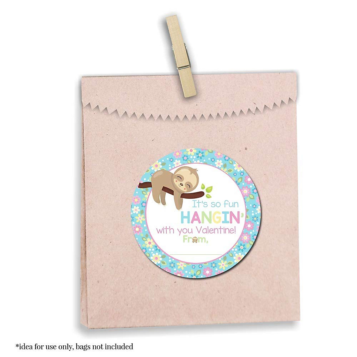 Hangin’ with You Sleepy Sloth-Themed Valentine Party Favor Sticker Labels, 40 2" Party Circle Stickers by AmandaCreation, Great for Classroom Valentines, Envelope Seals, Gifts & Treats