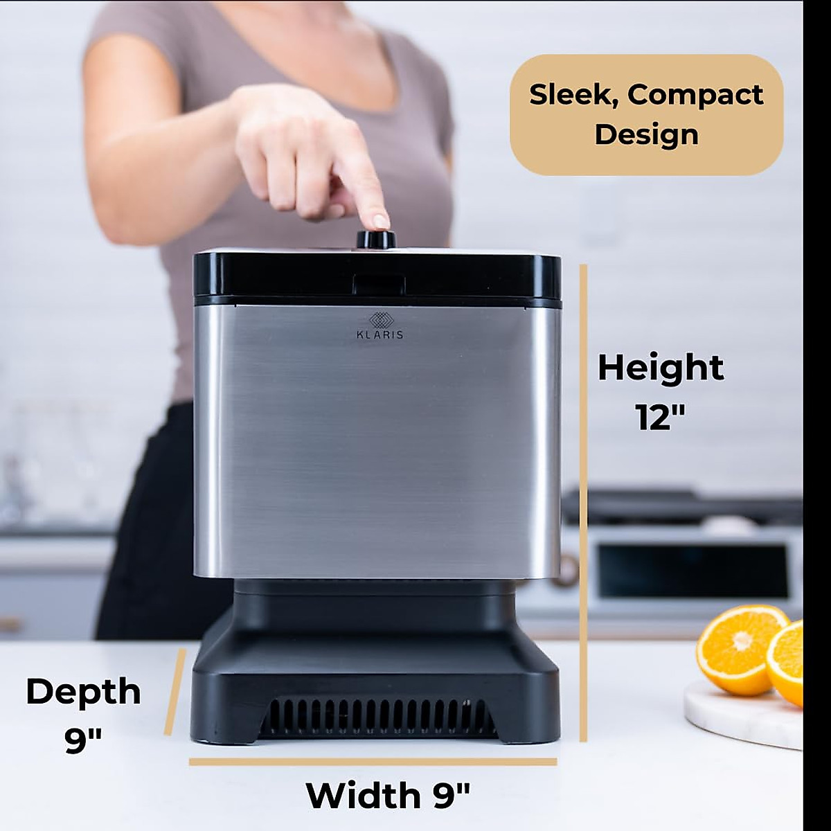 Klaris Clear Ice Maker - 4 Large, 2" Crystal Clear Ice Cubes for Craft Cocktails, Whiskey & Bourbon | Sleek, Compact Counterop Ice Maker | Stainless Steel Shell | Reusable Ice Tray | Delayed Start