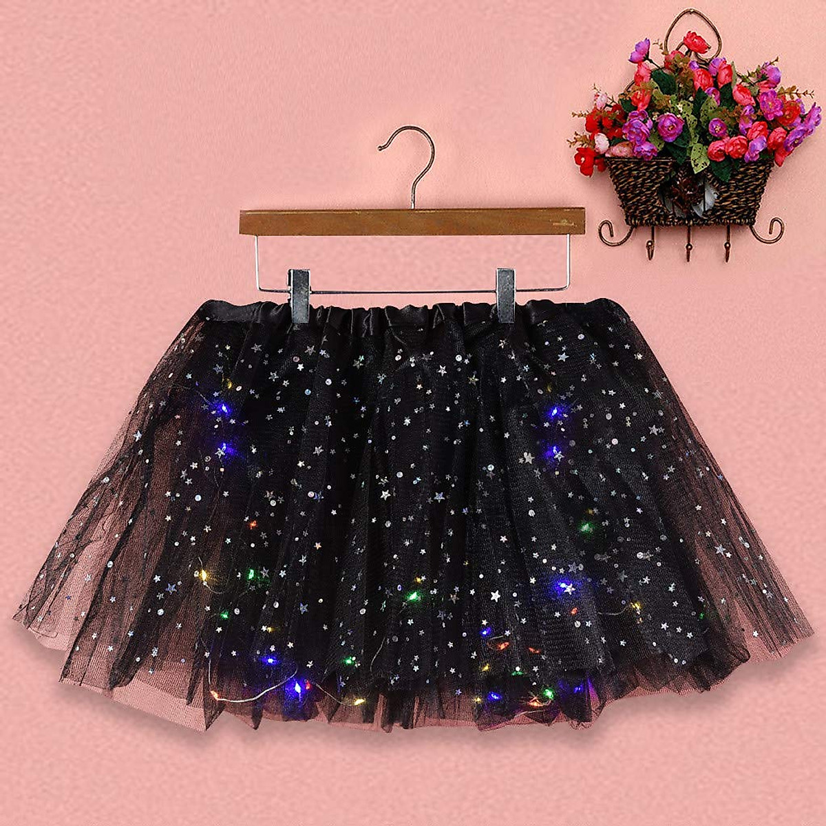 Light Pink Tutu for Women Princess Women Small Skirt Bulb Skirt Mesh with LED Pleated Tulle Star Sequins Skirt