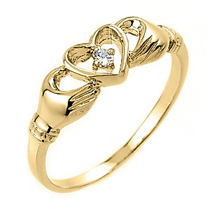 14k Yellow Gold Diamond Accent Solitaire Open Heart Claddagh Ring (J-K Color, I1-I2 Clarity)- Size 6