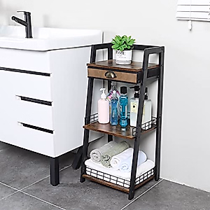 keomaisyto 3-Tier Bathroom Ladder Shelf, Bathroom Floor Storage Shelf with Drawer, Freestanding Tower Shelf, Open Shelving Unit for Bathroom Living Room Balcony