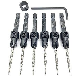 FTG USA Countersink Drill Bit Set 6 Pc #6 (9/64"), 6 Pc #8 (11/64") Wood Countersink Drill Bit Pro Pack Countersink Set, Tapered Countersink Bit, 2 Stop Collar, 2 Hex Wrench