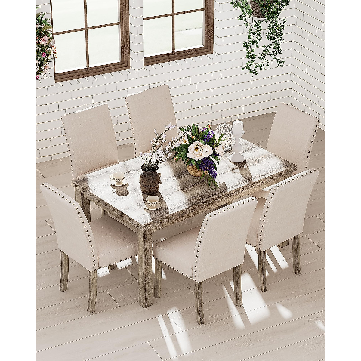 Morden Fort 7 Piece Rustic Wooden Dining Set, Mid-Century Modern Table & Chair Set for Spacious Dining Rooms and Entertaining Guests