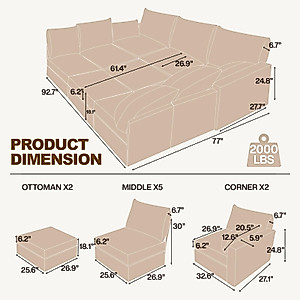 KCHUSAL Modular Sectional Sleeper Sofa, Corduroy Sectional Couch with Storage Seats, Convertible Sleeper Sofa Bed for Living Room, 9 Seats, Grey