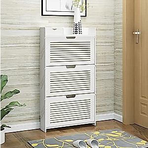 OIHYA White Tipping Shoe Cabinet Freestanding Racks Cabinet Shoe Storage Organizer for Entrances Hallways Corridor (3 Tier)