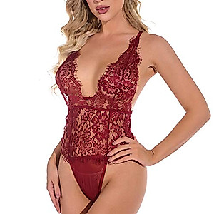 wodceeke Sexy Sling Lace Siamese Plus Size Lingerie For Women See-through Hollow Embroidered Pajamas Shapewear (Red, XXL)