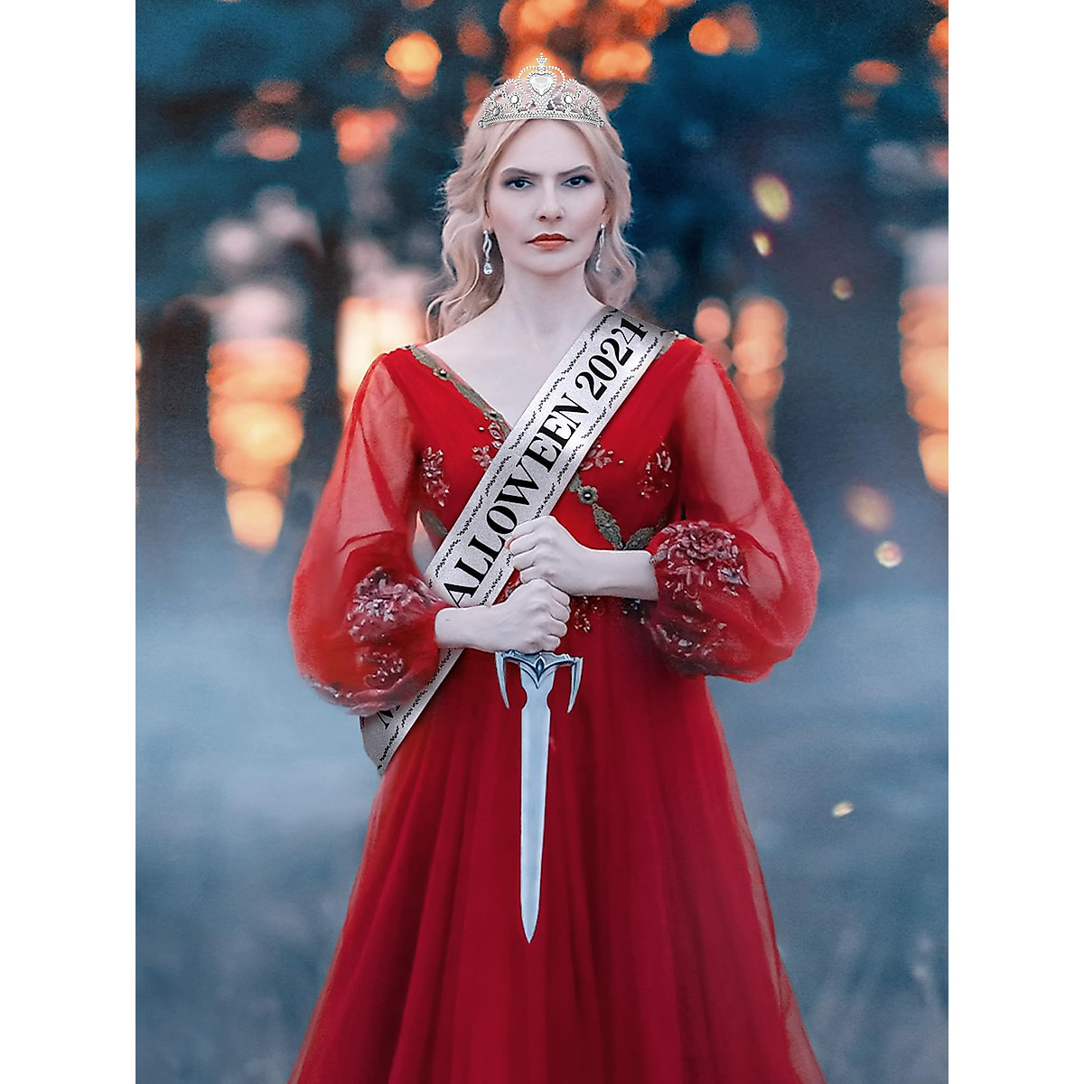 Ferraycle Miss Halloween 2024 Crown and Sash Cosplay Costume Kit for Women Silver Crystal Tiara Rhinestone Crown Princess Crown Headband Halloween Queen Sash for Party Decorations