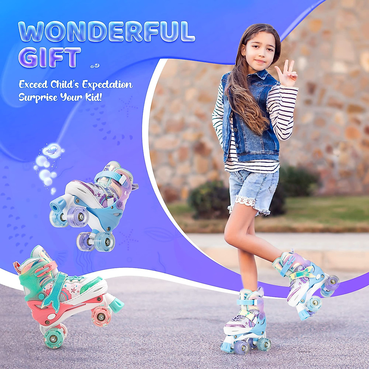 NEMONE Mermaid 4 Size Adjustable Light up Roller Skates for Girls, Blue Purple Skates for Toddlers, Beginner Kids Roller Skates Indoor Outdoor (Blue M)