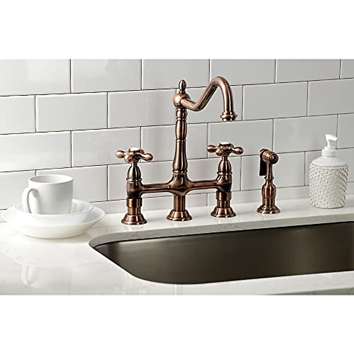 Kingston Brass KS127AXBSAC Heritage Bridge Kitchen Faucet, Antique Copper, 11.19 x 8.56 x 13.13