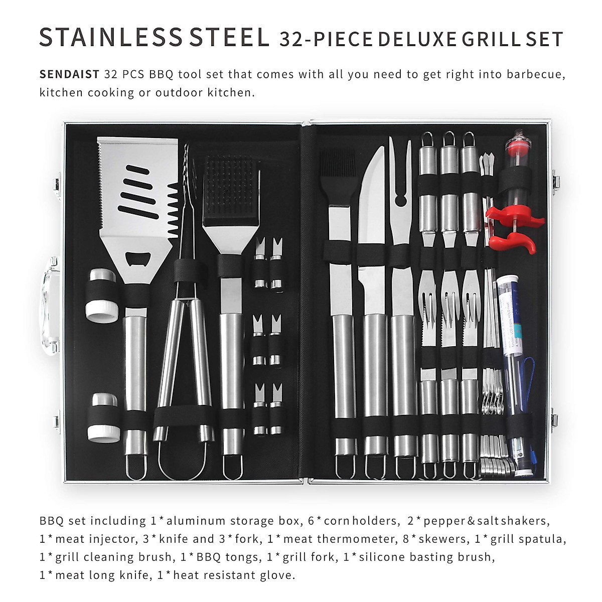 SENDAIST Deluxe BBQ Grill Tool Set – 32 PCS Camping BBQ Grilling Accessories – Portable Grill Utensil Set with Thermometer in Heavy Duty Aluminum Case