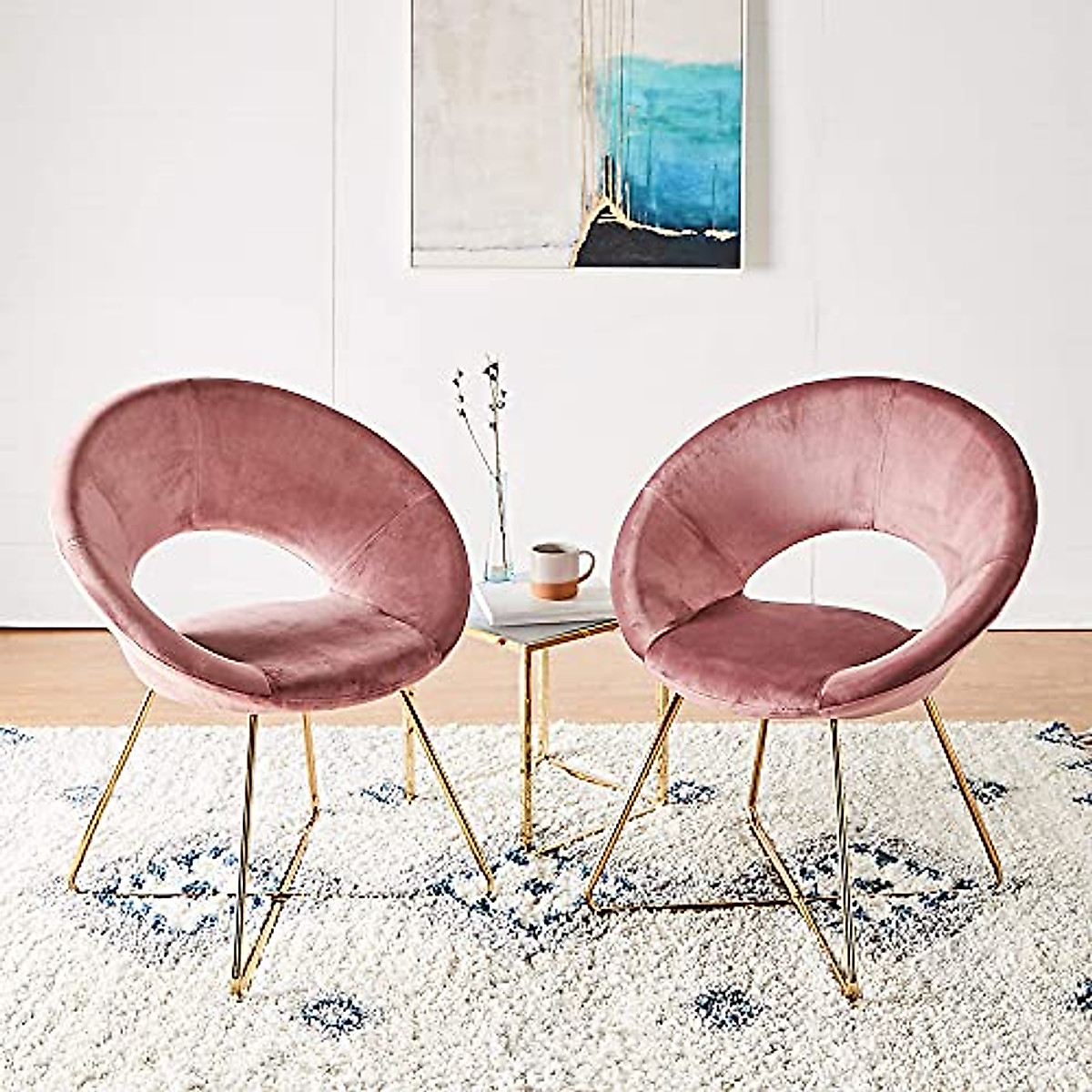 CangLong Modern Velvet Accent Upholstered Make-up Stool Home Office Guest Reception Dining Leisure Lounge Chairs with Golden Legs Set of 2, Pink 1