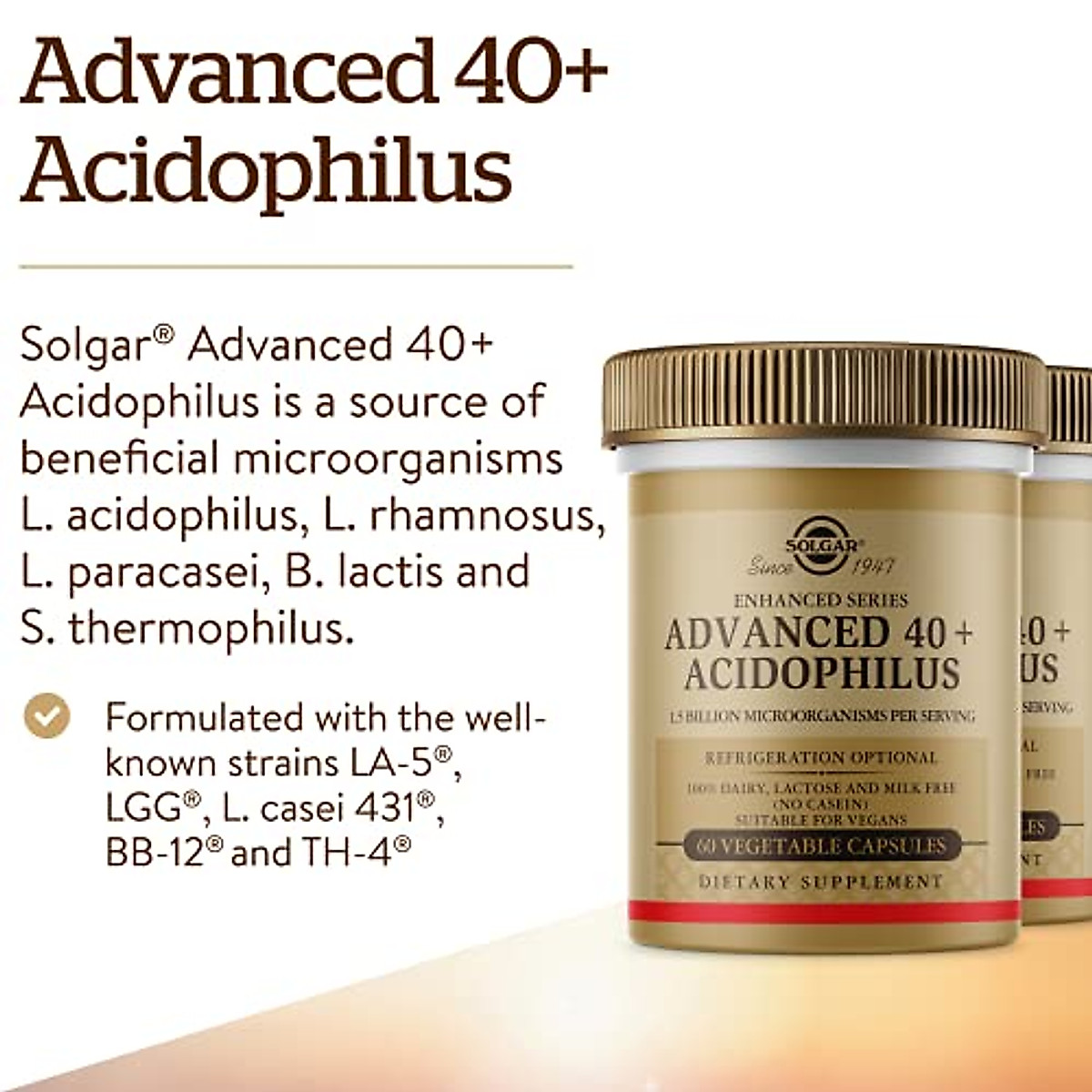 Solgar Advanced 40+ Acidophilus, 120 Vegetable Capsules - Supports Healthy Intestinal Flora - 1.5 Billion Microorganisms Per Serving - Gluten, Dairy, Lactose & Milk Free - Vegetarian - 120 Servings