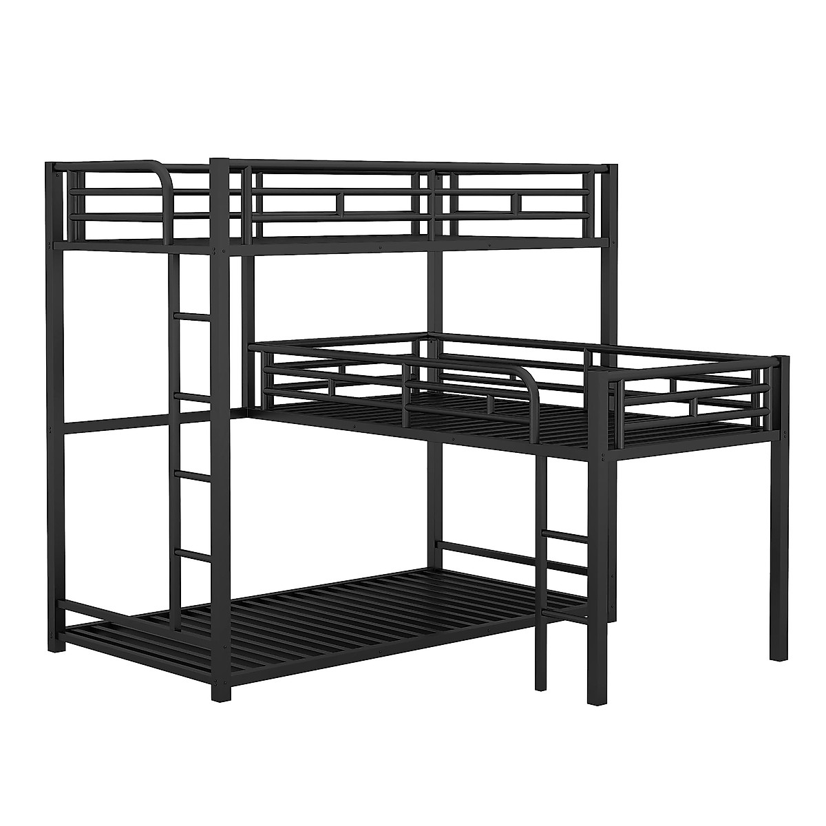 GINGVAT L-Shaped Metal Triple Twin Size Bunk Bed with 2 Built-in Ladder, Loft Bedframe and Safety Guardrails, Modern Style Bedroom Furniture for Children/Teenagers, Black