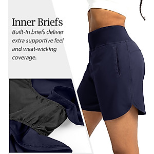 Soothfeel Women's Running Shorts with Zipper Pockets 7 Inch Long High Waisted Athletic Workout Gym Summer Shorts for Women (Navy, XXL