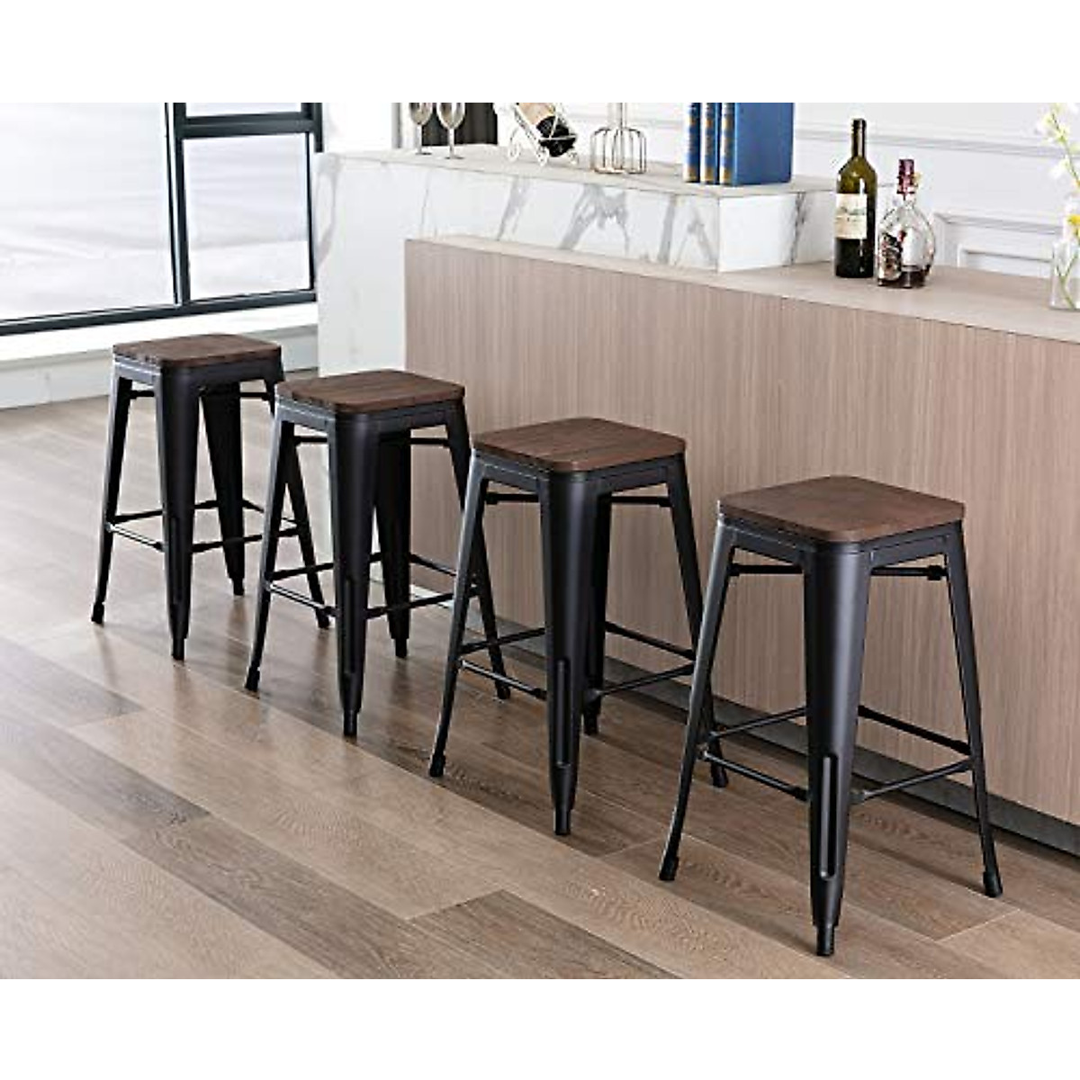 Kmax Industrial Metal Bar Stools Set - Counter Height Bar Stools Chairs Wood Seat Without Backrest Indoor Outdoor, 26", Set of 4, Black