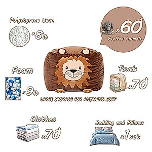 Cool Lion Bean Bag Chairs for Boys Room Decor, Stuffable Zipper Beanbag for Organizing Children Plush Toys, Extra Large Size, Velvet Super Soft Cover Only