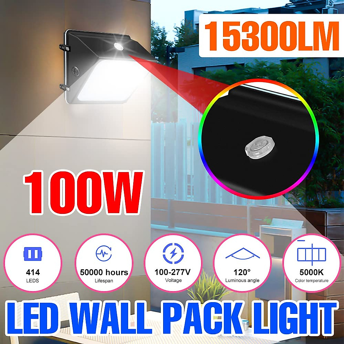 100W Dusk to Dawn Exterior Wall Pack LED Light 15300LM,800W HPS/HID Equivalent,110V Commercial Lighting 5000K Daylight ,IP65 Waterproof Light Sense,Industrial Outdoor Wall Lamp for Alleyways Doorway