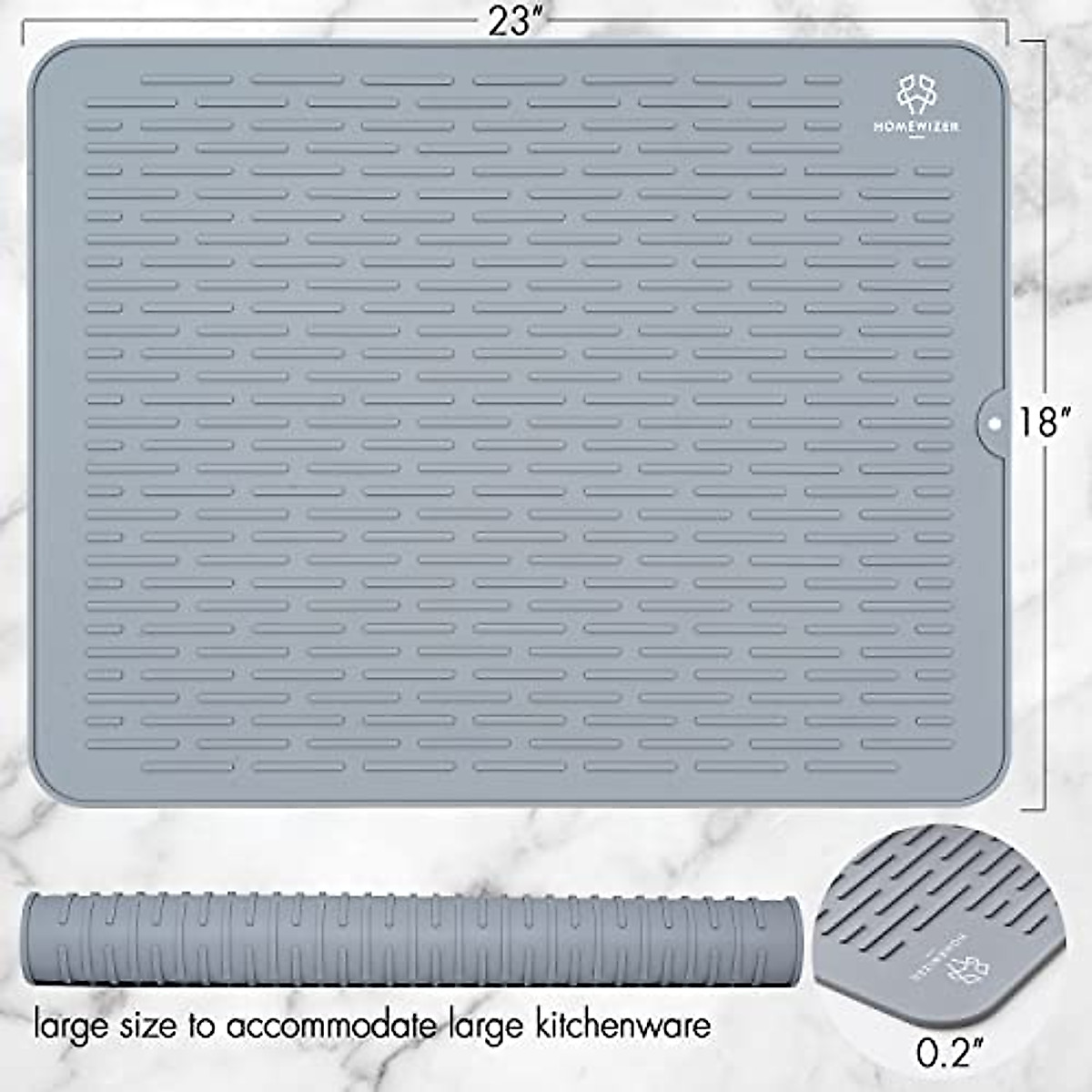 Homewizer Extra Large, 23” x 18” Silicone Dish Drying Mat for Kitchen Counter, Heat Resistant, Non-Slip Design, Quick Dry, Easy Clean, Raised Edge Holds Water, BPA Free, Food Grade Silicone- Gray
