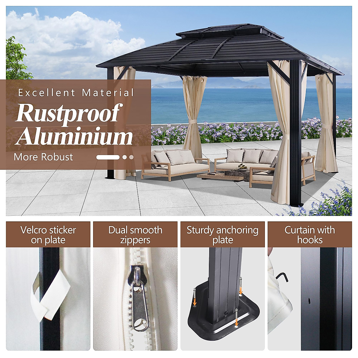 GARTOO 10x12FT Outdoor Galvanized Steel Hardtop Gazebo - Dome Canopy Gazebo with Breathable Mesh Screen & Private Curtains for Gaeden, Poolside, Deck, Backyard