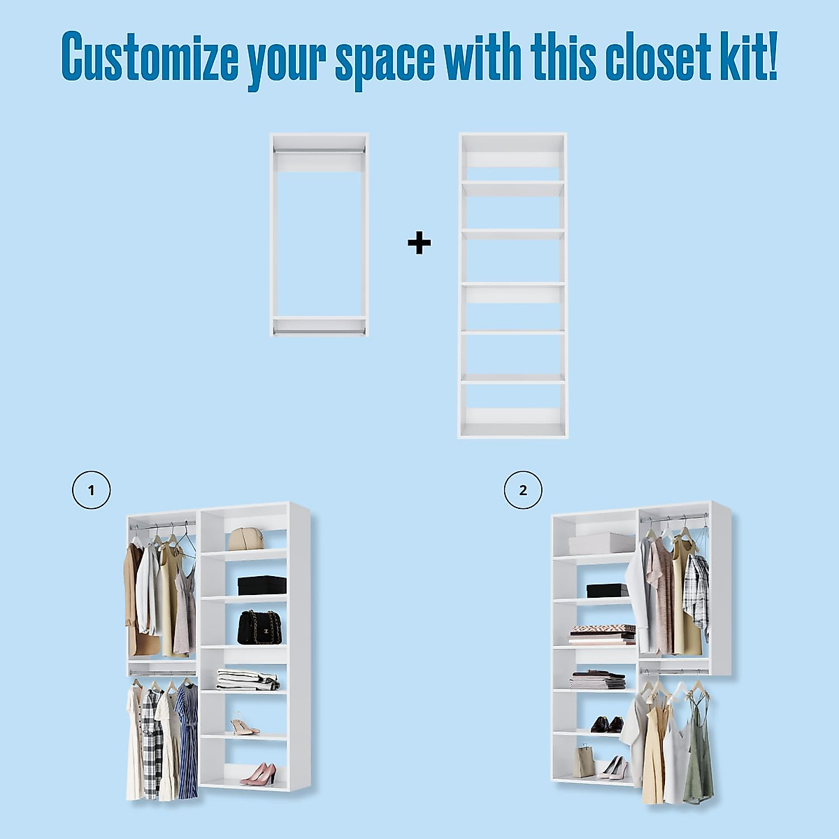 Closet Kit with Hanging Rods & Shelves - Corner Closet System - Closet Shelves - Closet Organizers and Storage Shelves (White, 60 inches Wide) Closet Shelving