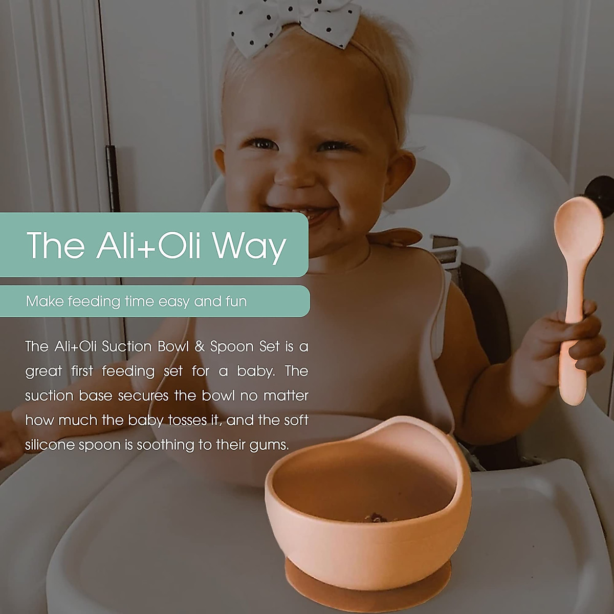 Ali+Oli Silicone Suction Bowl and Spoon Set (Blush, Original) - Unbreakable Suction Bowls for Baby 6 Months and Up, Self Feeding Baby Utensils, First Stage Baby Feeding Supplies