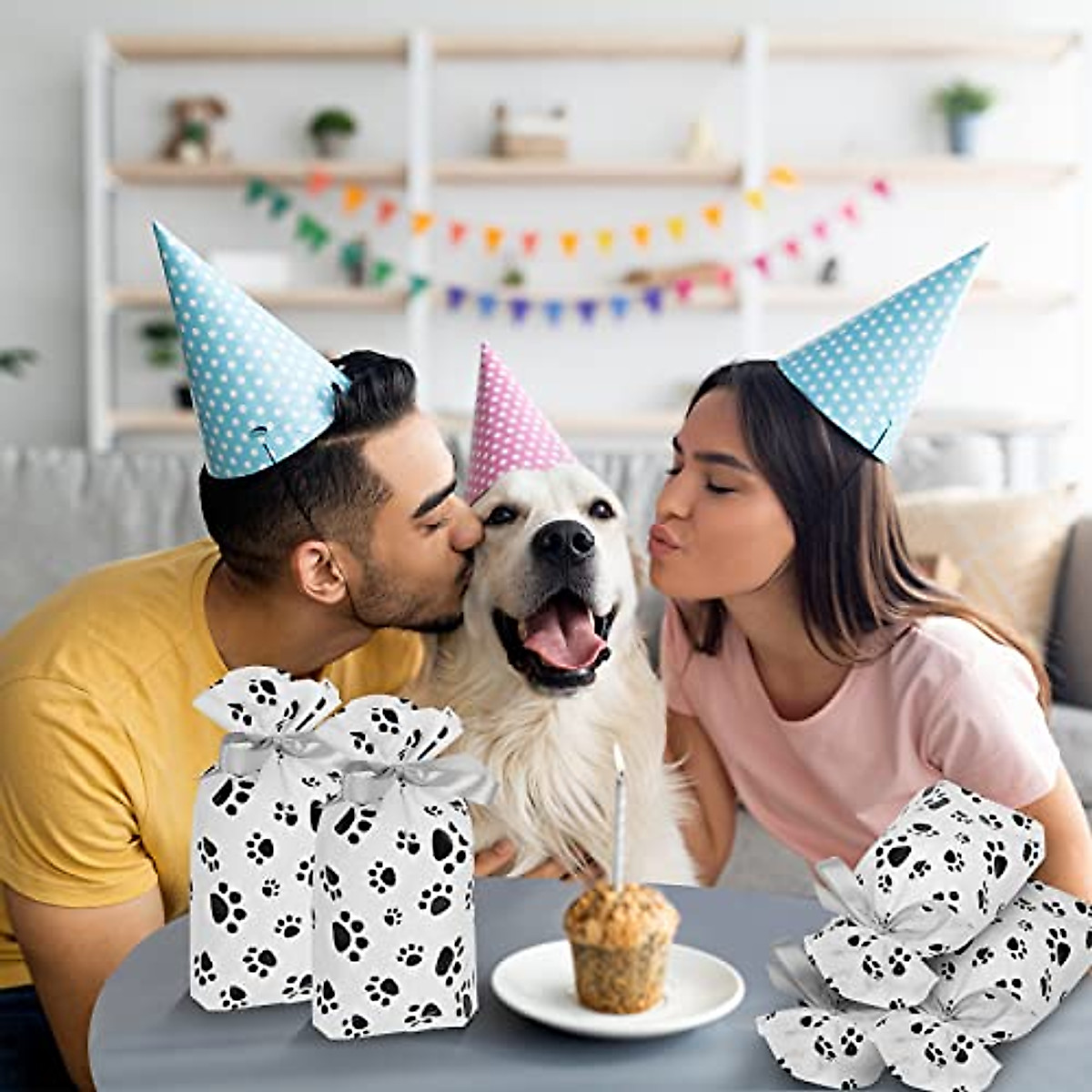 YIDAKO 50 Pieces Paw Print Goodie Bags, Plastic Dog Gift Bags With Drawstring, Treat Candy Bags For Dog Cat Theme Party Favors and Boys Girls Birthday Party Supplies Decorations, 9× 6 Inch