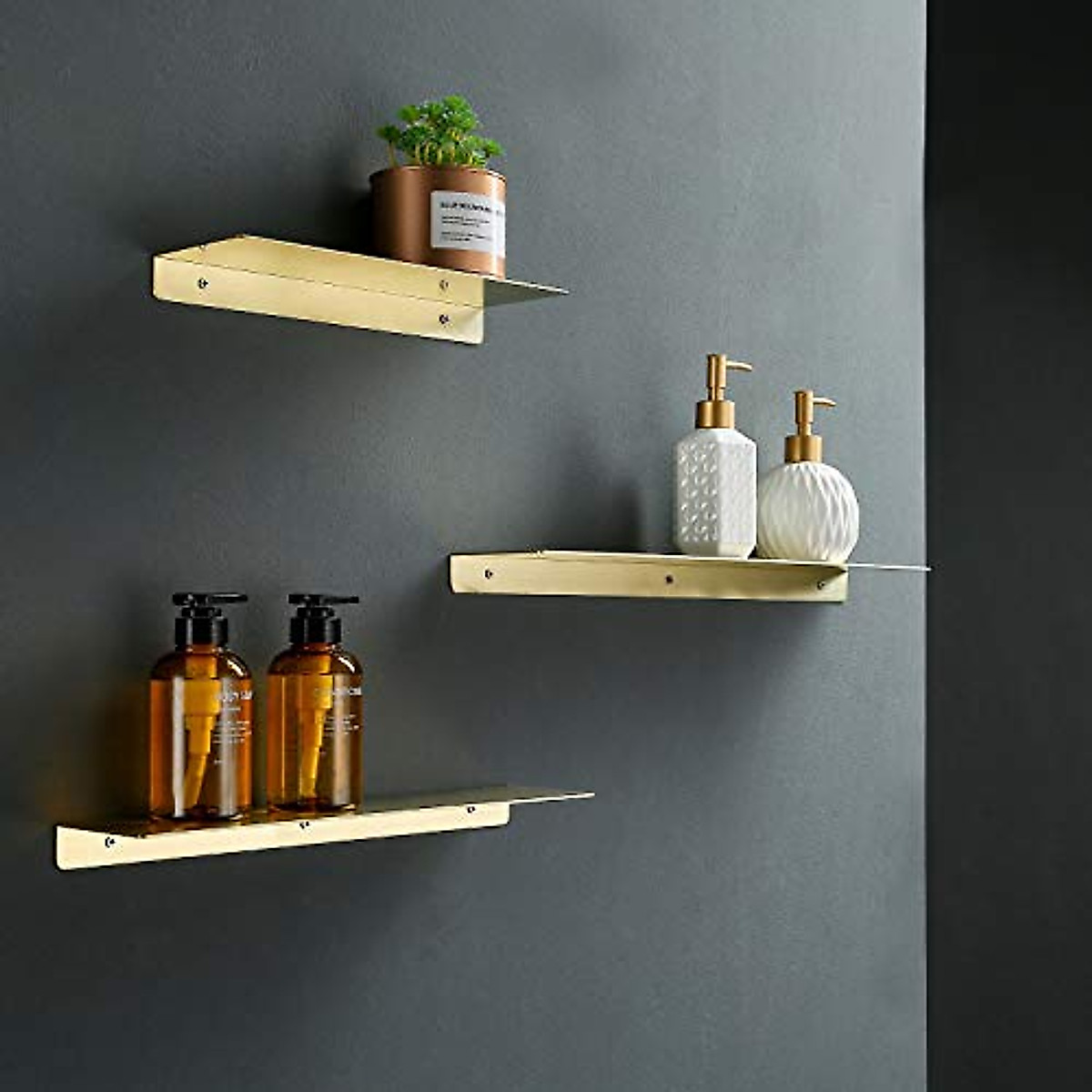 TRUSTMI Brushed Gold Floating Shelf SUS304 Stainless Steel Wall Mounted Storage Shelves (16 inch x 4 inch) for Bathroom Kitchen, Bedroom, Living Room, Heavy Duty and Rustproof, Brushed Brass