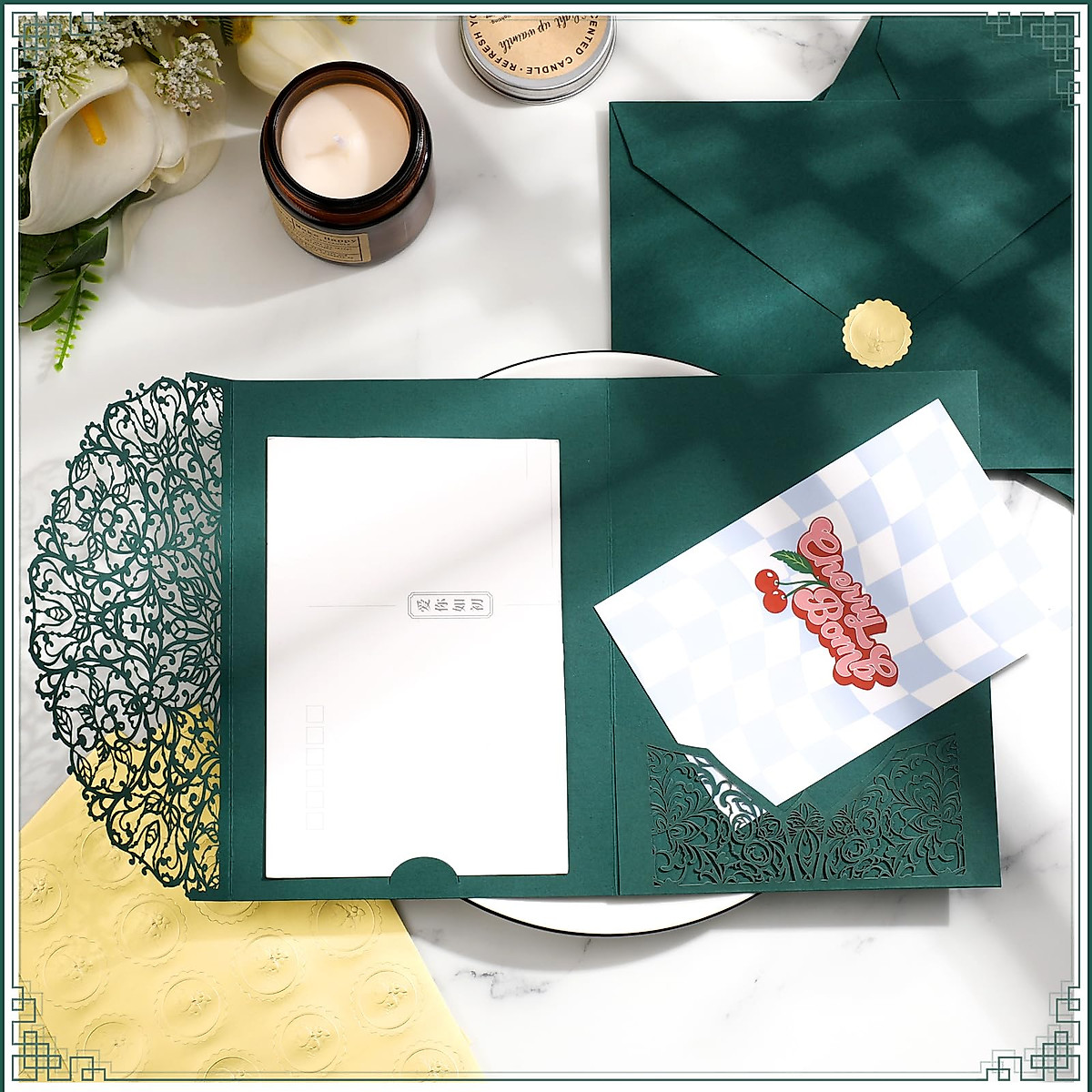 PerKoop 100 Set 5 x 7 Laser Cut Wedding Invitations with Envelopes and Wax Seal Stickers Pocket Wedding Invitation Cards Blank Invitation Kit for Wedding Bridal Shower Engagement Invite (Dark Green)