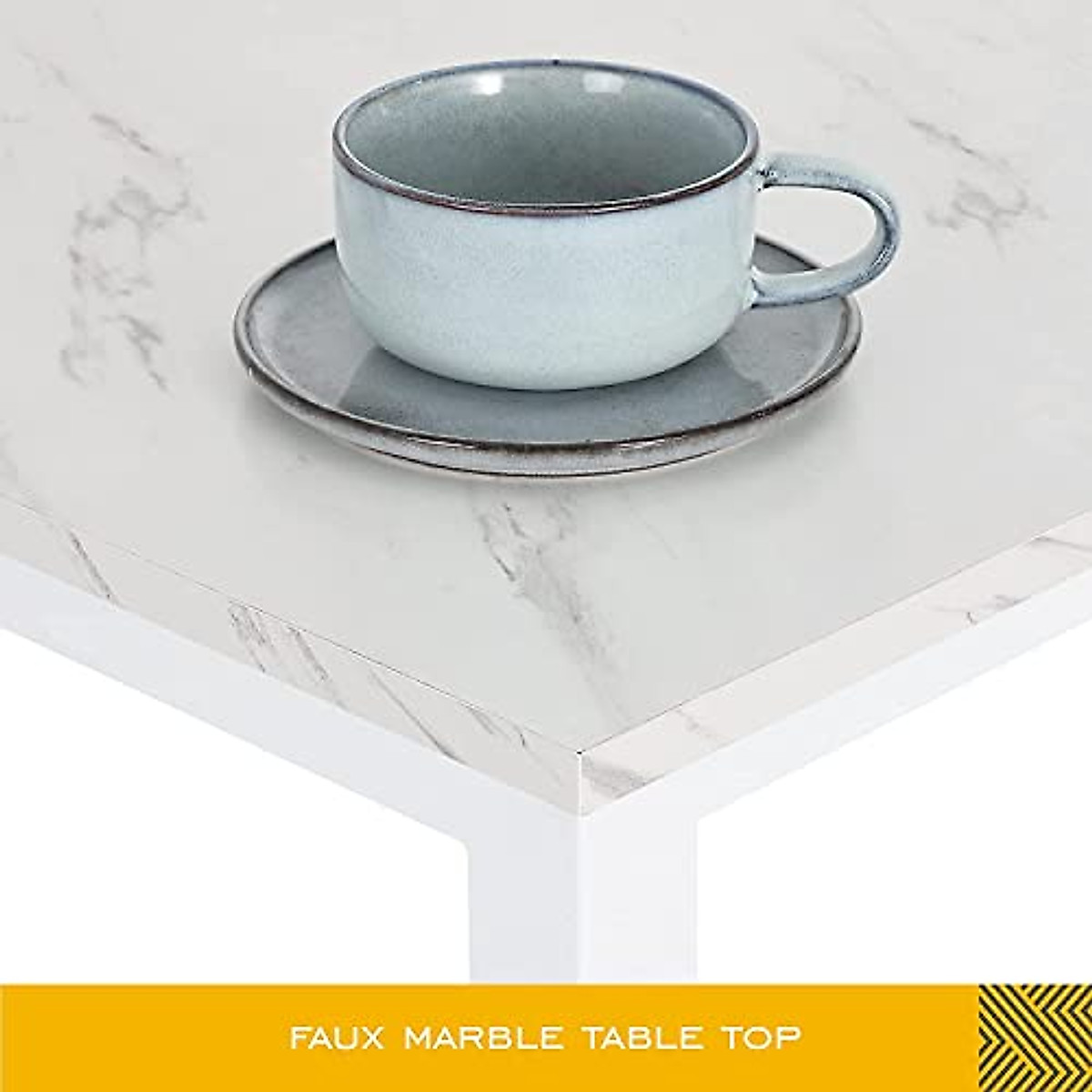 Bar Table Set for 2, White Faux Marbled 3-Piece Counter Height Breakfast Table with 2 Cushioned Stools, Small Dining Kitchen Table Set for Apartment