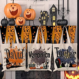 Zocoshi Personalized Halloween Tote Bag Customized Pumpkin Witch Black Cat Castle Skeleton Ghost Canvas Tote Bag for Trick or Treat Goodie gift Bags