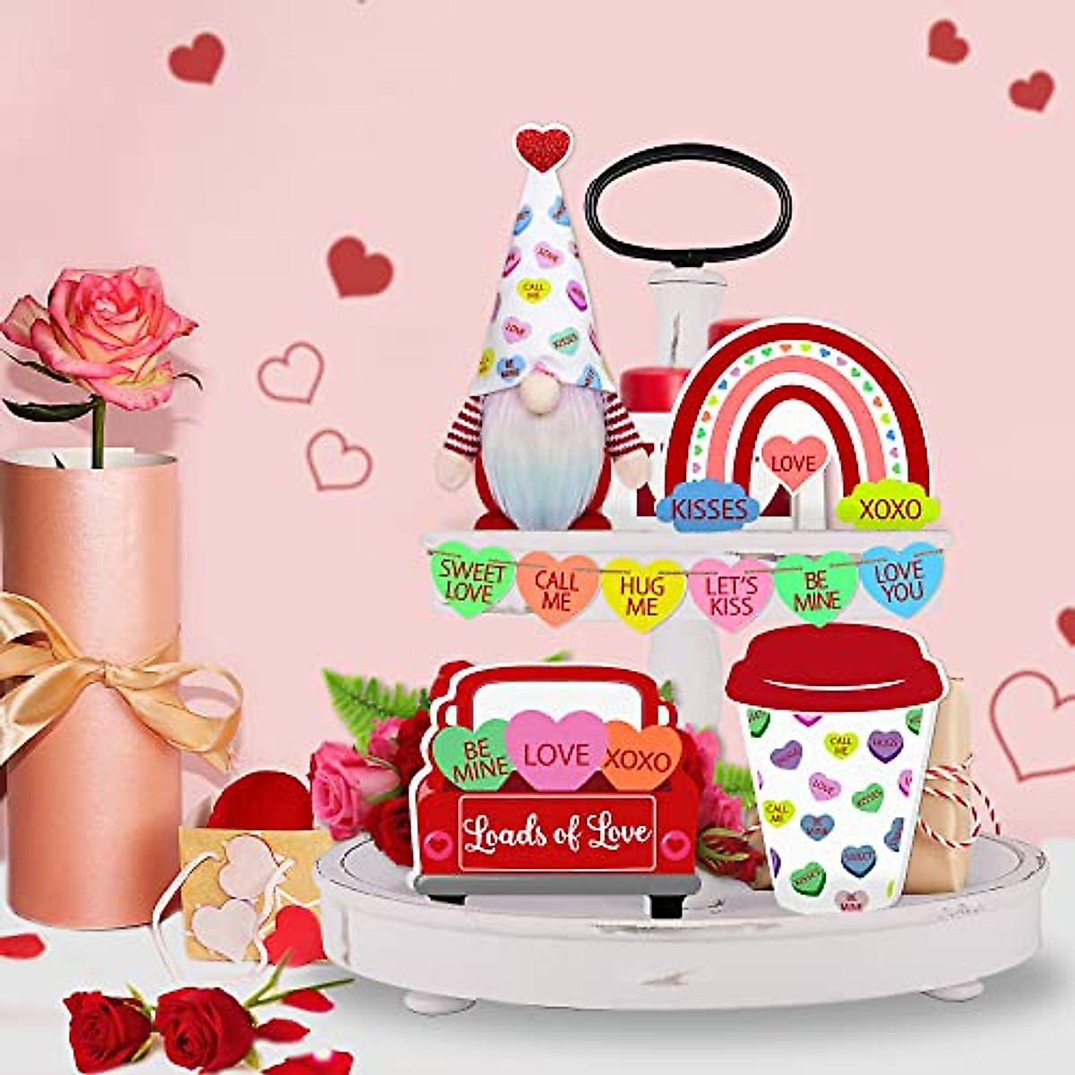 10 Pcs Valentine Tiered Tray Decor Set, Valentine Conversation Heart Decor Wooden Signs, Cute Valentine Gnome Plush, Mini Candy Heart Garland, Farmhouse Valentines Day Decor Be Mine Love XOXO Sign