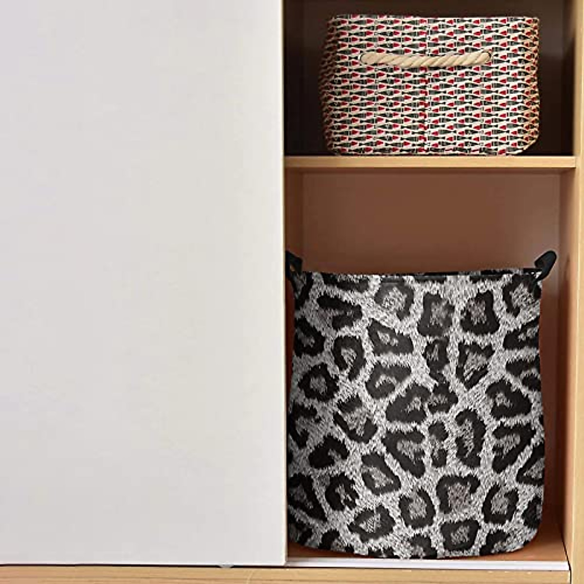 Goydema Collapsible Laundry Hamper Storage Basket, Leopard Print Animal Skin Clothes Hamper Basket with Handle Waterproof Laundry Bag Round Storage Basket for Toy Home Organizer