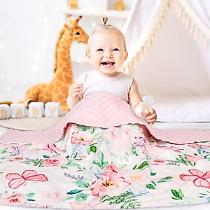 Baby Blankets for Girls Super Soft Minky Toddler Blanket 30x40 Inches, Double Layer, Dotted Backing, Floral Baby Crib Blanket for Nursery, Baby Car Seat, Pet, Pink Flower