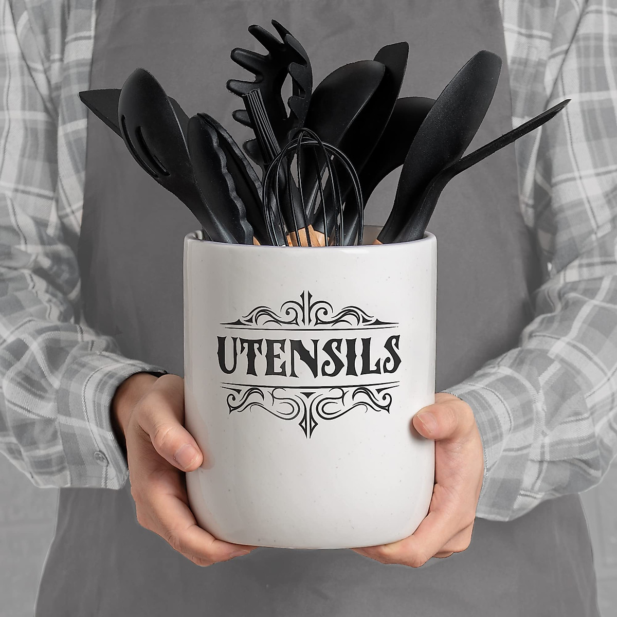 Xarkany® Kitchen Utensil Holder for Countertop - 7” x 6” Large Ceramic Utensil Caddy - Farmhouse Kitchen Decor- Rustic Kitchen Organization Countertop - Utensil Crock - White (Utensils not Included)