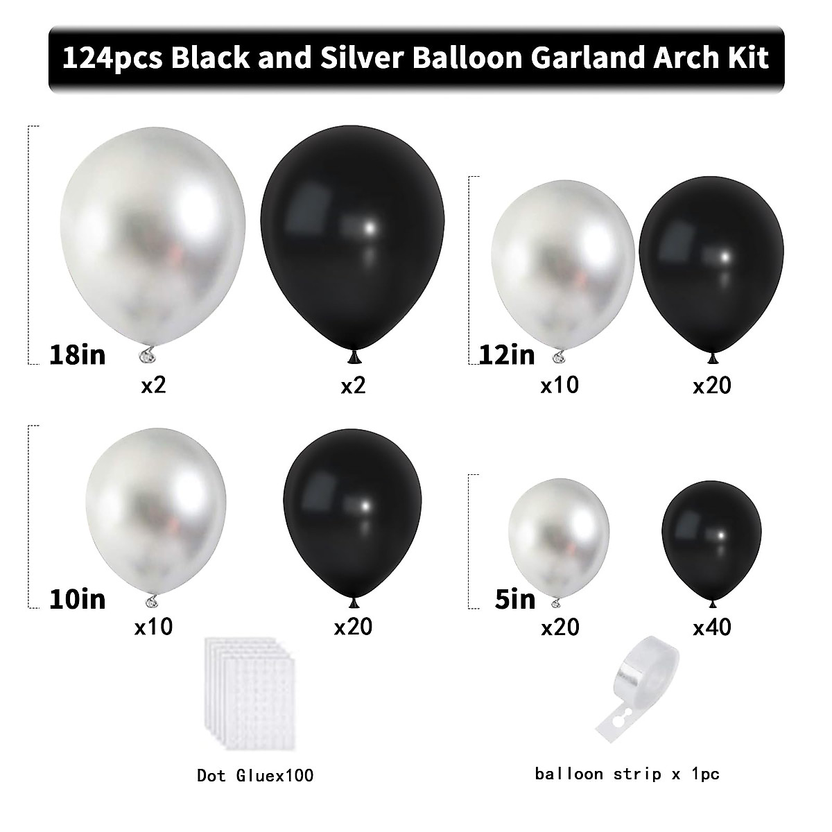 FHEKFNG Black and Silver Balloons, 124pcs 5 10 12 18 Inch Black Metallic Silver Balloons Garland Arch Kit for Birthday, Wedding, Graduation, Bridal Shower,Anniversary Party Decorations