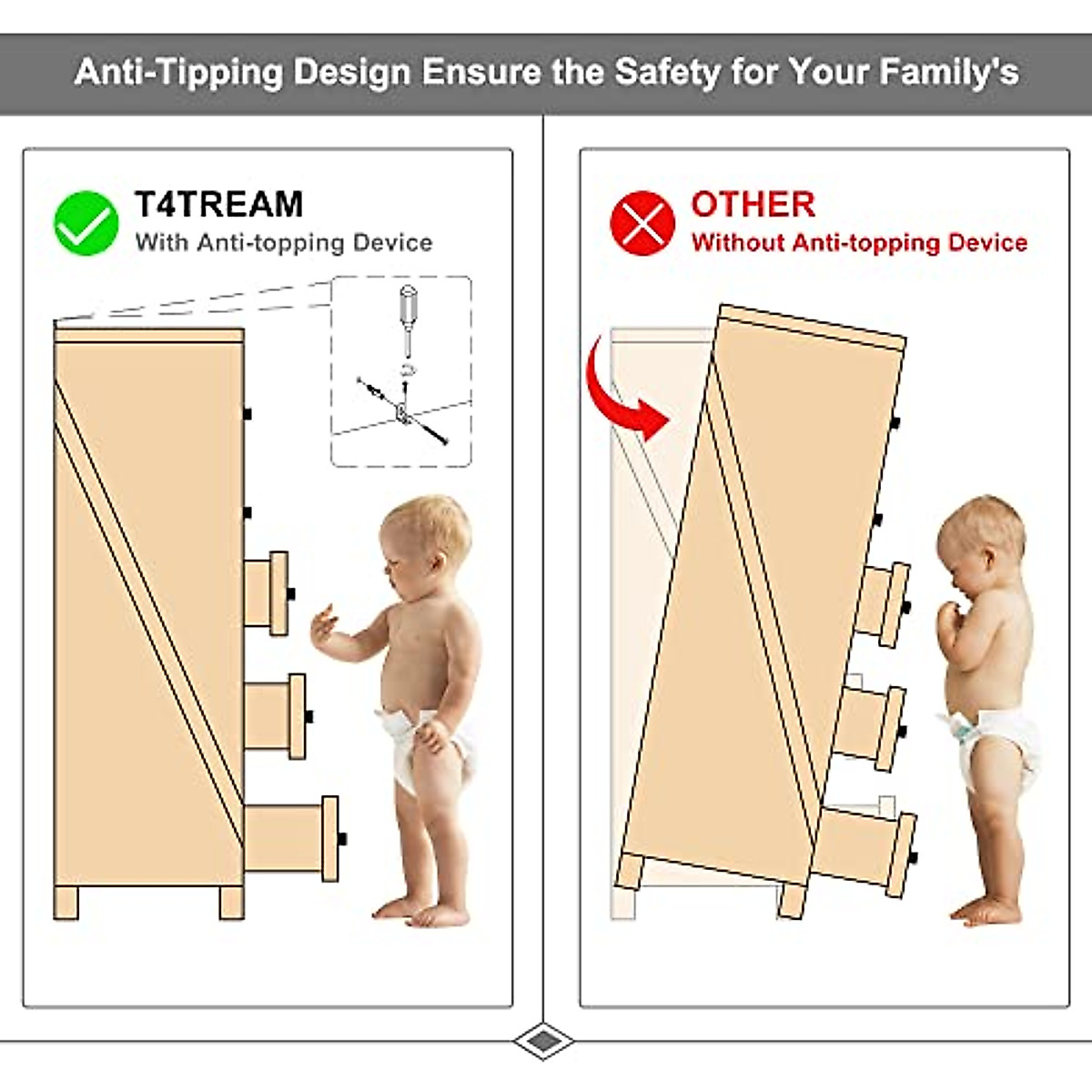 T4TREAM Farmhouse 5 Drawers Dresser Chests for Bedroom, Wood Rustic Tall Chset of Drawers,Dressers Organizer for Bedroom, Living Room,Hallway, Light Rustic Oak