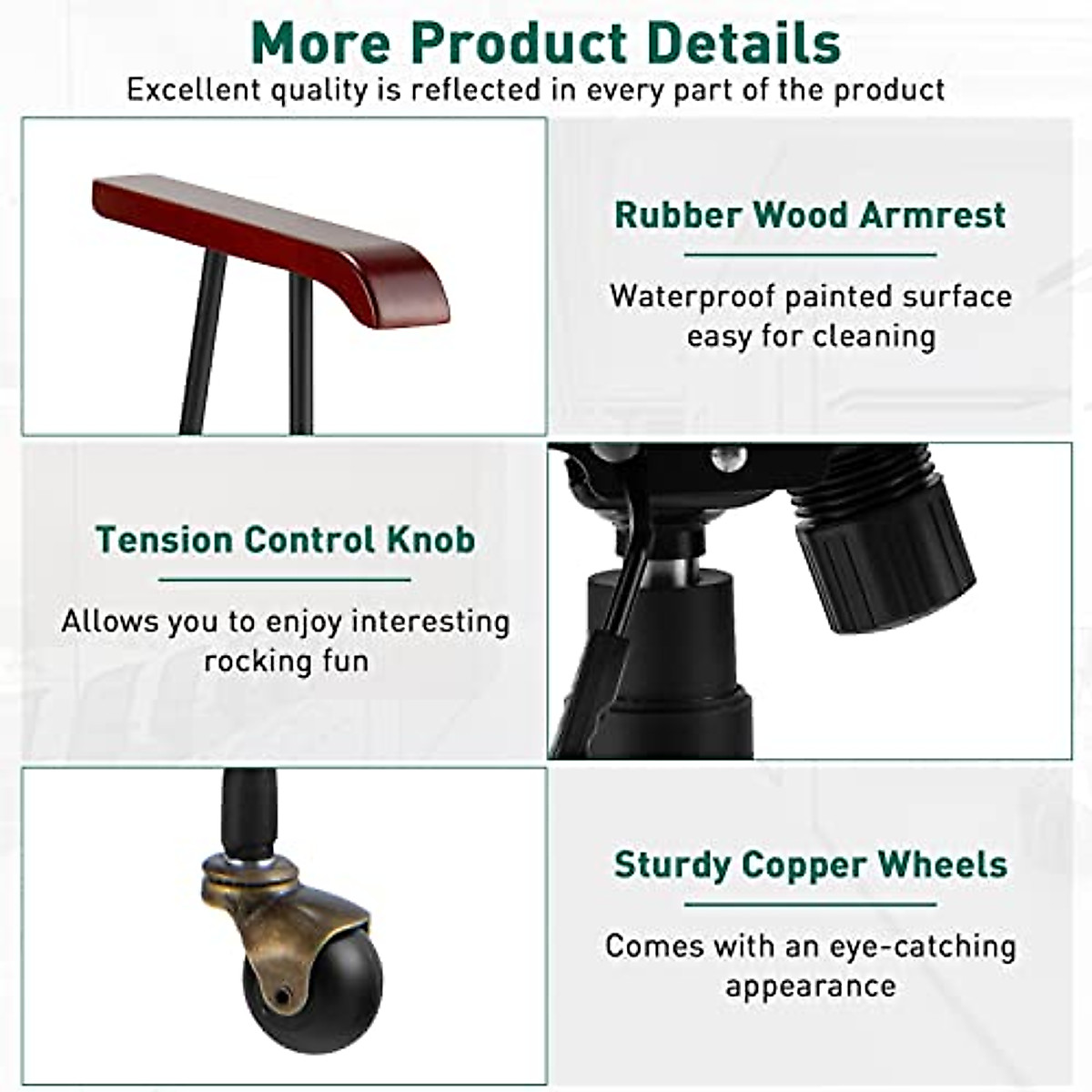 Giantex Home Office Desk Chair Green, Vintage Adjustable Swivel Rolling Chair with Copper Wheels & Armrest, Mid Century Leisure Chair, Velvet Upholstered Computer Chair for Work, Study