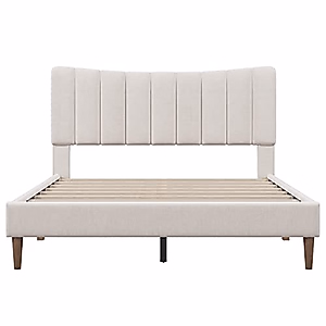HBRR Queen Size Bed Frame, Upholstered Platform Bed with Vertical Channel Tufted Headboard, Strong Wooded Slat, No Box Spring Needed Mattress Foundation, Easy Assembly, Cream