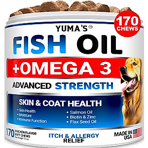 Omega 3 Fish Oil for Dogs - 170 Chews - Skin and Coat Supplement - Omega 3 for Dogs - Dry & Itchy Skin Relief Treatment - Allergy Support Dog Anti Shedding Treats - Salmon - EPA & DHA - Chicken Flavor