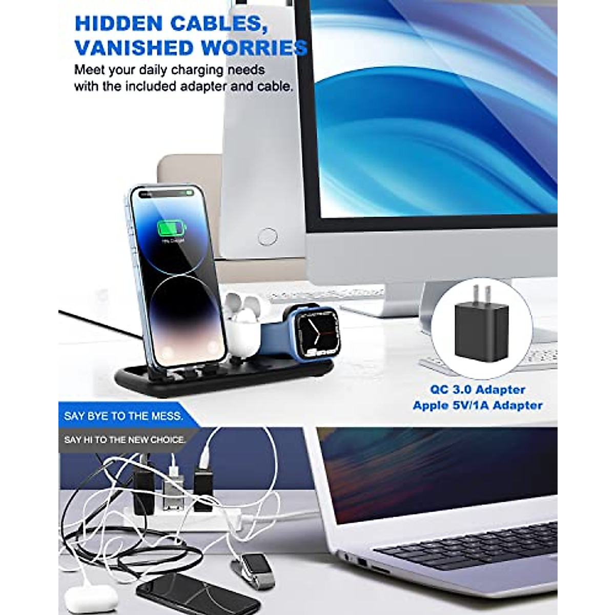 Foldable 3 in 1 Charging Station,18W Fast Charger Stand for Multiple Apple Devices Compatible with All iPhone, iWatch, Air Pods, Fast Charge Portable Travel Charger with QC3.0 Adapter