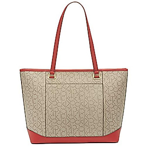 Calvin Klein Mercy Signature Top Zip Tote, Textured Almond/Taupe/Maraschino