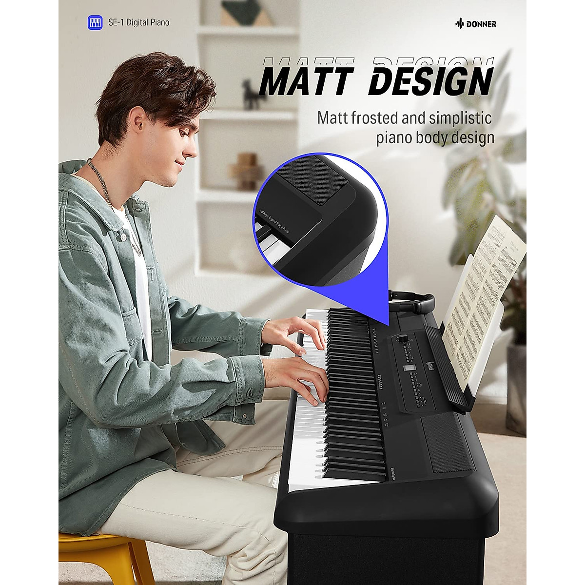 Donner SE-1 88 Key Digital Piano with Graded Hammer Action Weighted Keys, Record, Bluetooth, 4 Reverb, LCD Screen, MIDI IN/OUT, 88 Key Weighted Keyboard Piano Bundle with Stand, Headphone, Three Pedal
