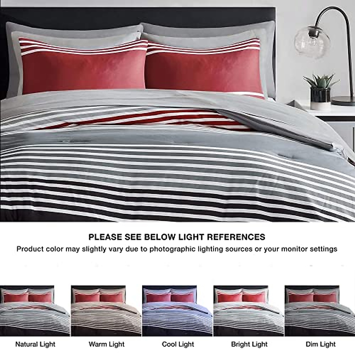 Comfort Spaces Full Comforter Sets with Sheets - Bed in a Bag 9 Pieces Teen Bedding Sets Full, Red and Grey Stripes Bedding Full, College Full Bed Set with 2 Side Pockets Bedroom Organizer