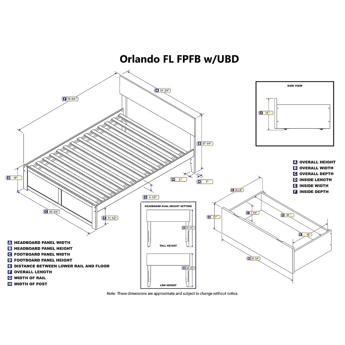 AFI Orlando Full Platform Bed with Flat Panel Footboard and Turbo Charger with Urban Bed Drawers in Walnut
