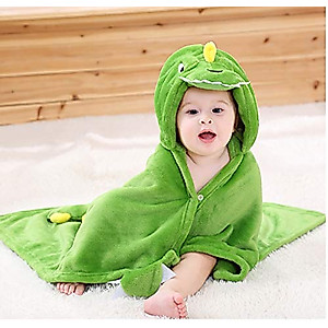 TONWHAR 0-4 Years Toddlers' And Kids' Boys Girls Animal Face Hooded Blanket Baby's Bathrobe,Plush After Bath Blanket (Green Dinosaur)