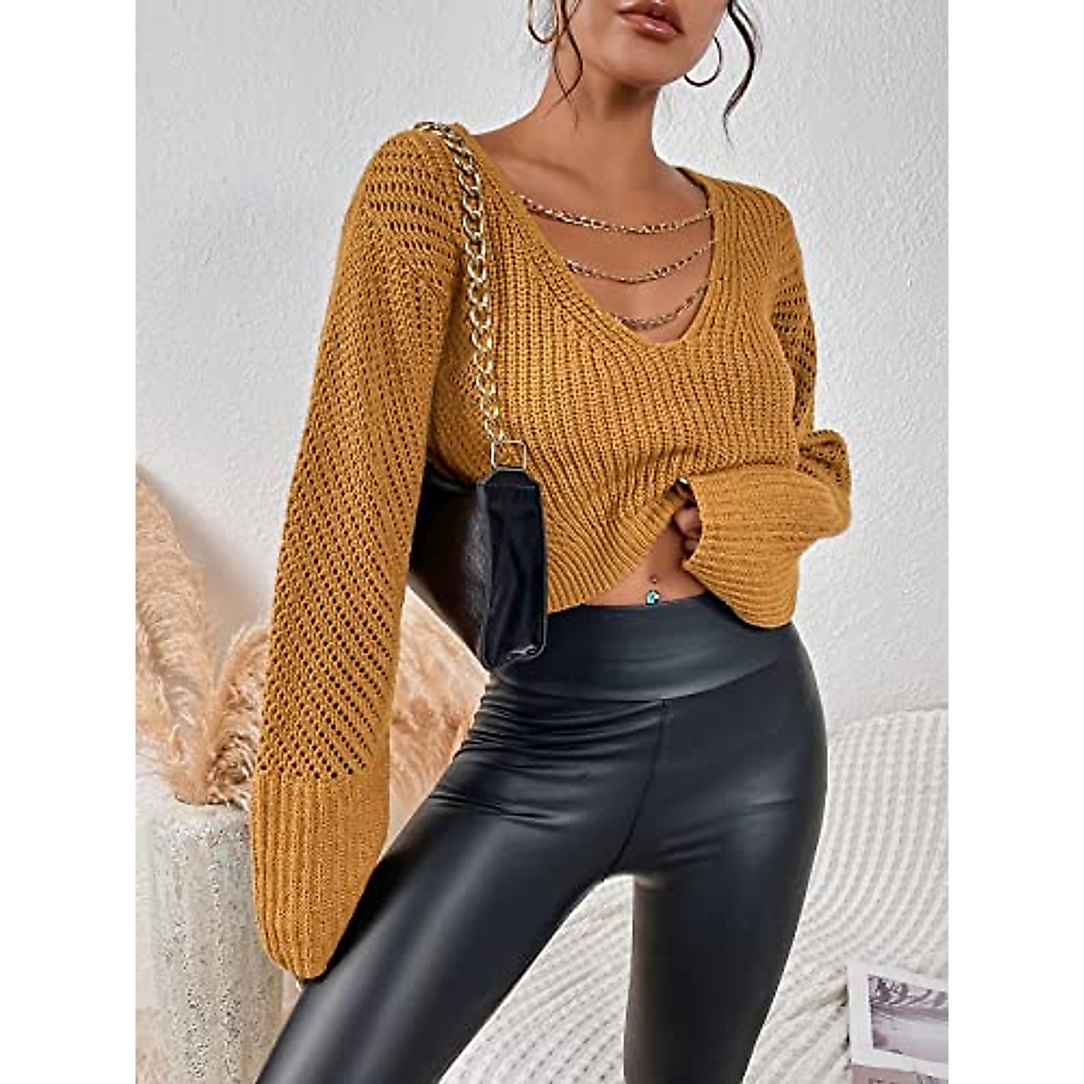 SweatyRocks Women's Long Sleeve V Neck Chain Top Pointelle Knit Pullover Sweater Crop Tops Ginger L