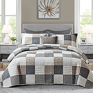 Finlonte Quilts Queen Size, 100% Cotton Lightweight Bedspread, Grey Brown White Plaid Patchwork Soft Reversible Queen Quilt Set for Bed All Season, 3-Pieces