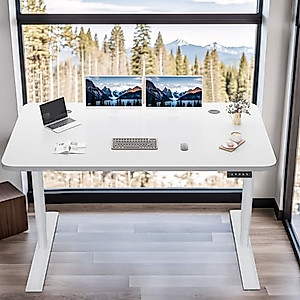 Flamaker Standing Desk, Electric Adjustable Height Stand up Desk, 55 x 24 Inches Home Office Computer Desk with T-Shaped Metal Bracket and Memory Preset, White