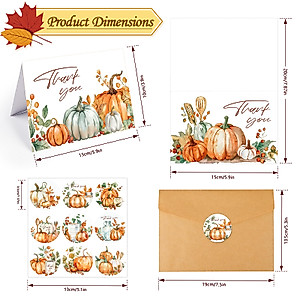 Konsait Pumpkin Thank You Cards, 24 Pack Watercolor Pumpkin Fall Thank You Cards with Envelopes and Stickers, 6 Design Bulk Thank You Cards for Thanksgiving Baby Shower Wedding